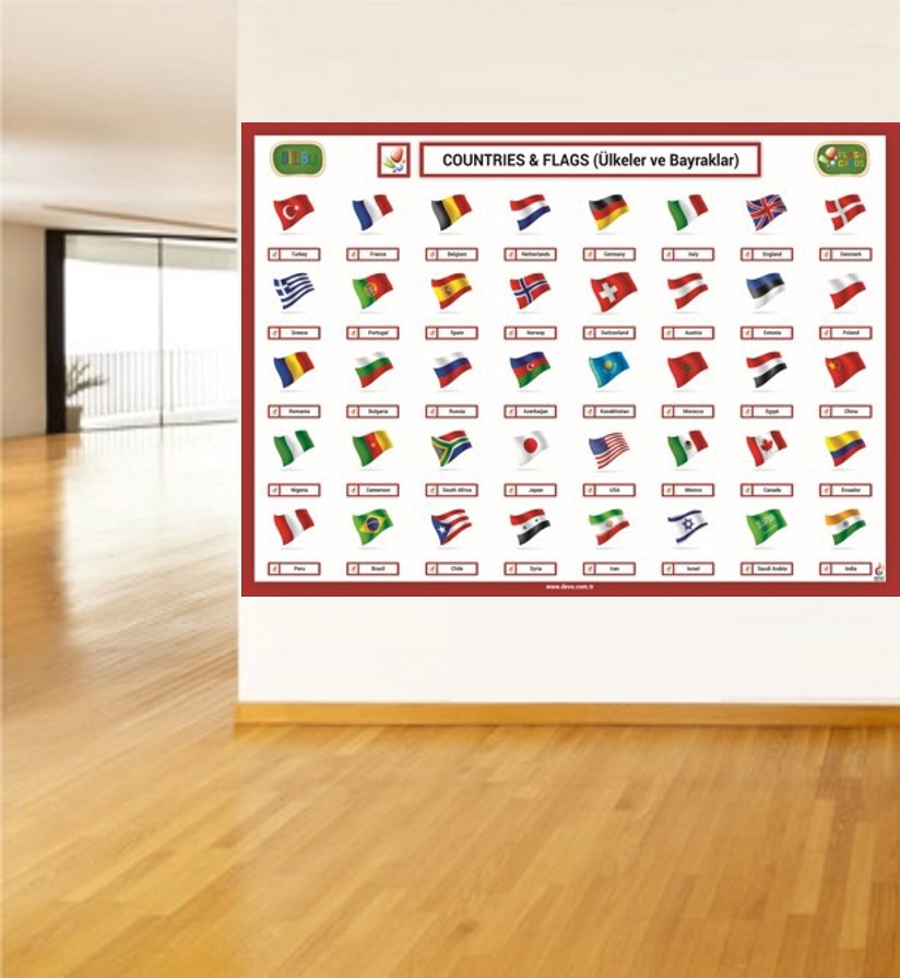 Ülkeler ve Bayraklar İngilizce Poster | Okul Poster Afiş